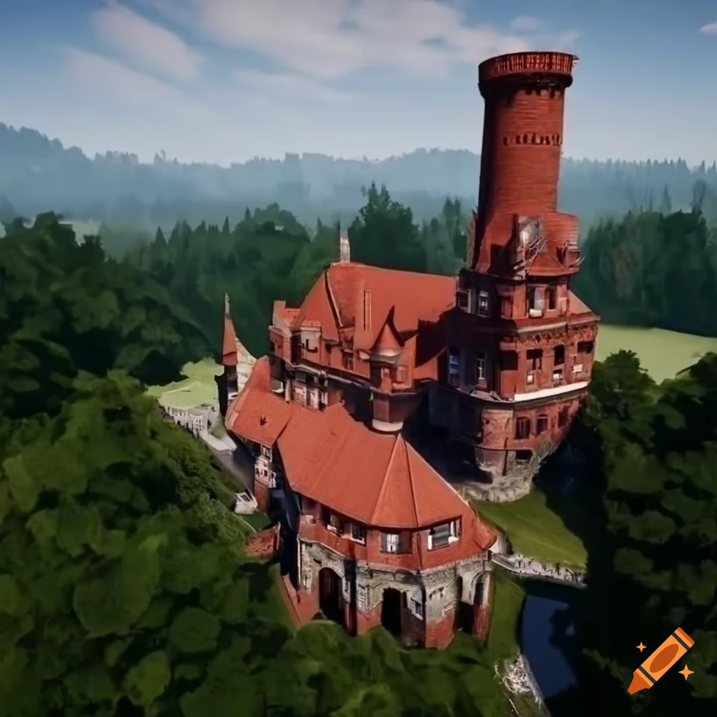 Unreal Engine 5 aerial view of sci-fi german great castle with red ...