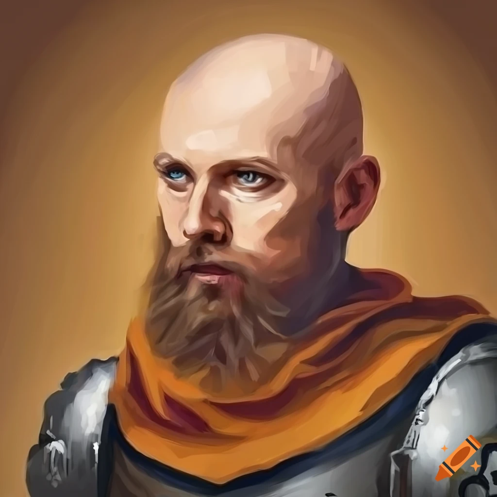 A portrait of a bald paladin with a short blonde short beard on Craiyon
