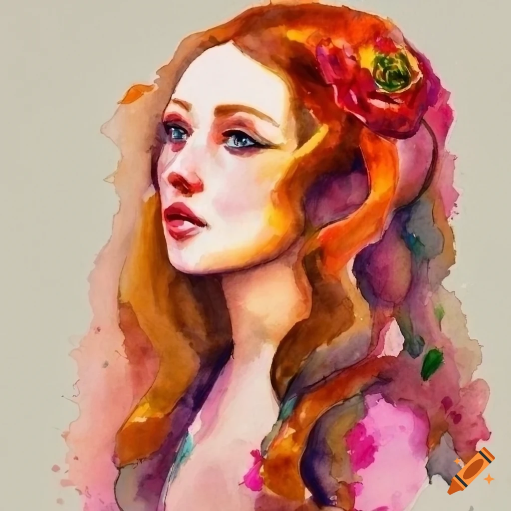 A watercolor painting of a woman with long wavy red hair, pink roses in ...