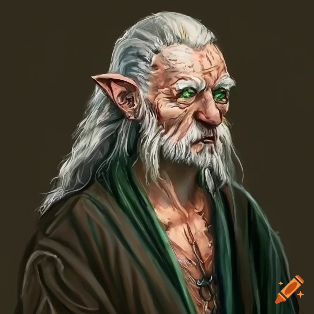 Old male elf druid in black robe hunched back using a staff on Craiyon