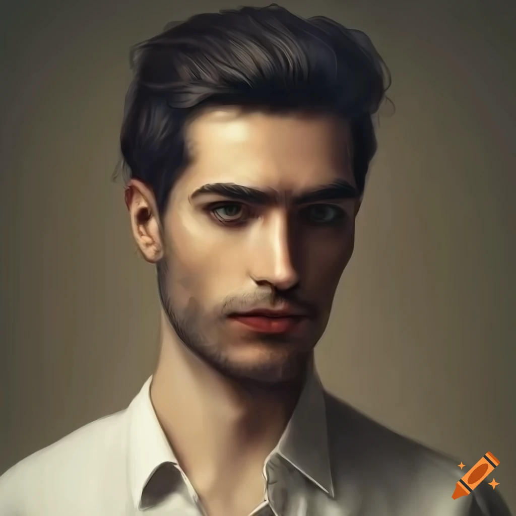 Handsome man with dark brown hair, focused green eyes, high cheekbones ...