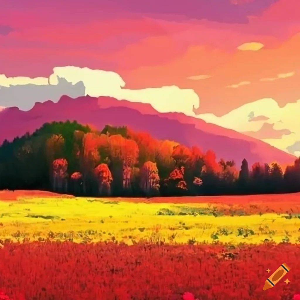 Poetic manga like landscape field with countryside red field and hill ...