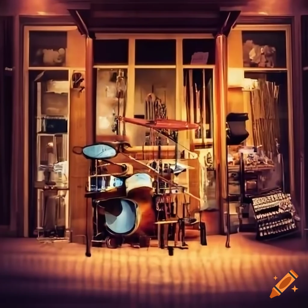 A music store with instruments and equipment displayed in the window on ...