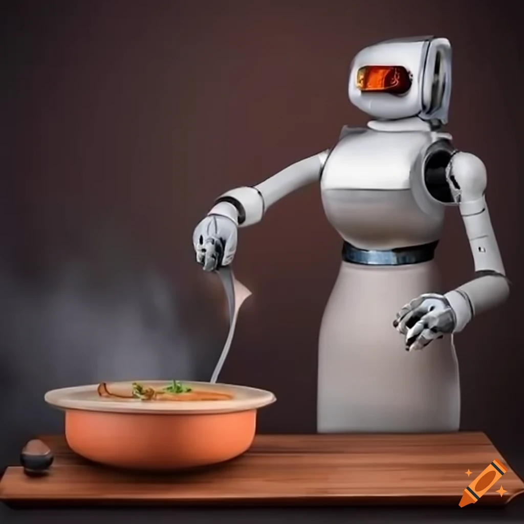 A cooking robot preparing soup in a clay pot