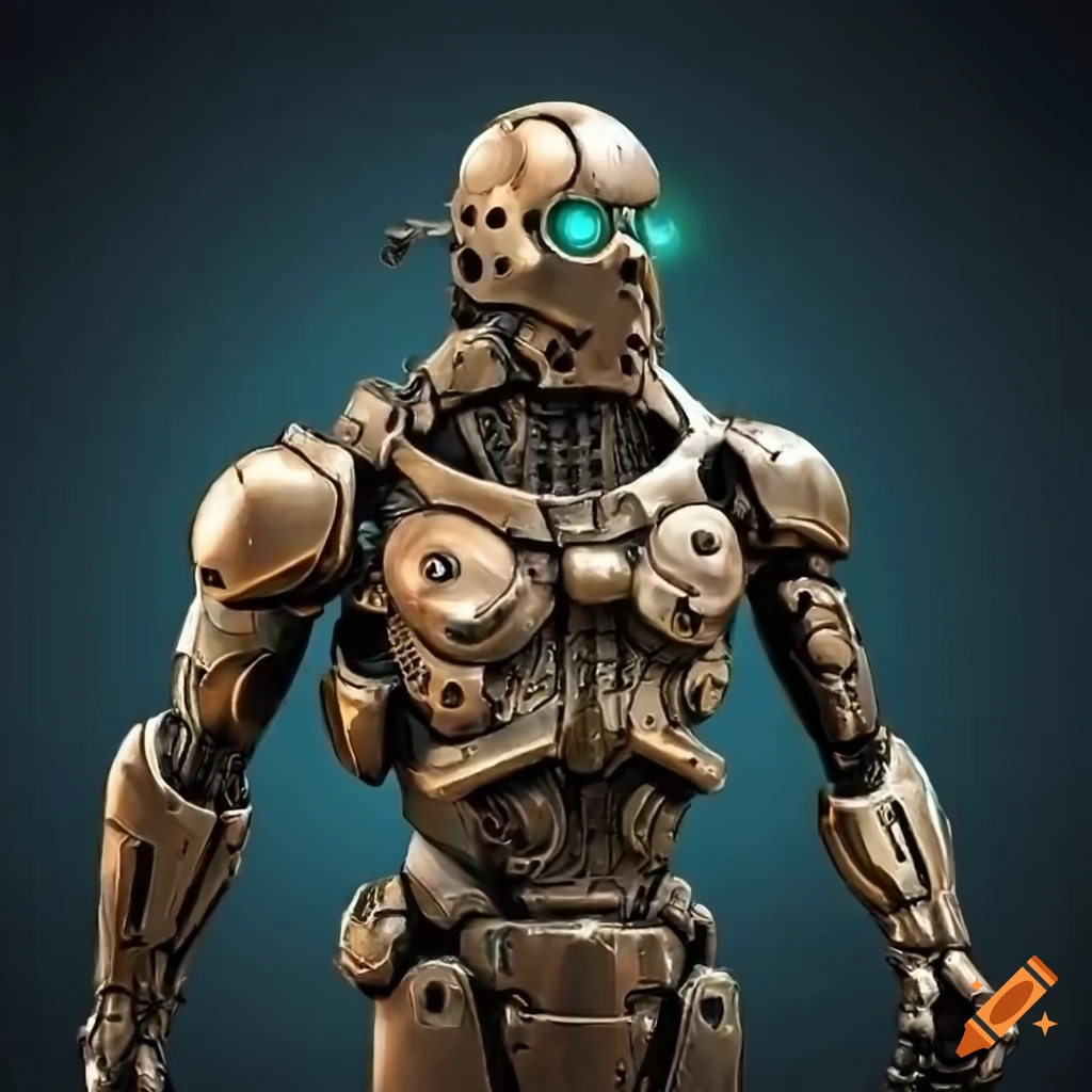 Sci-fi a bronze big battle cyborg with a mechanical clock in the middle ...