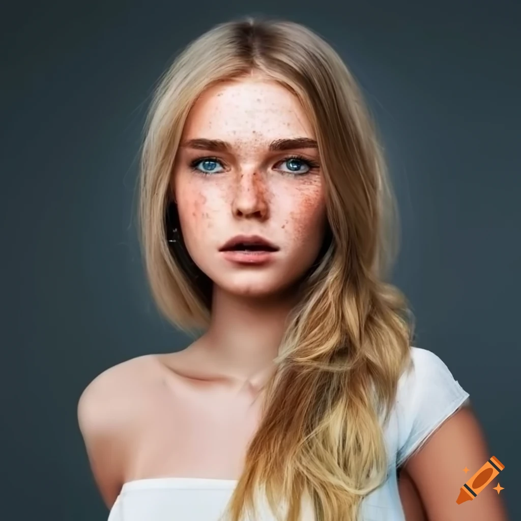 Beautiful young woman shoulder-length blonde hair slight freckles