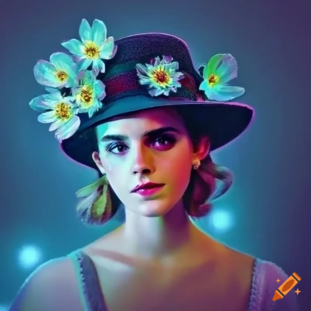Intricate portrait of emma watson , wearing hat of flowers , tunning ...
