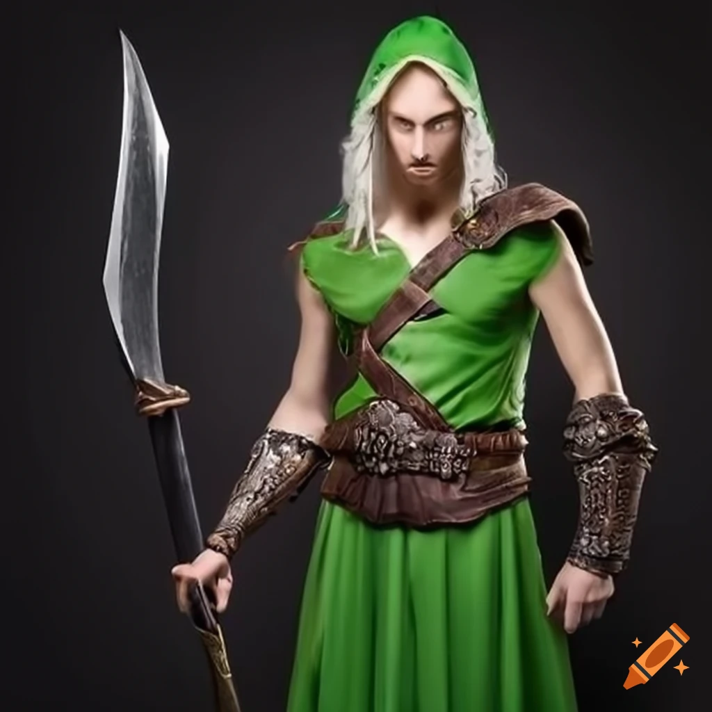 Warrior with a green elf like outfit with powerful sword on Craiyon