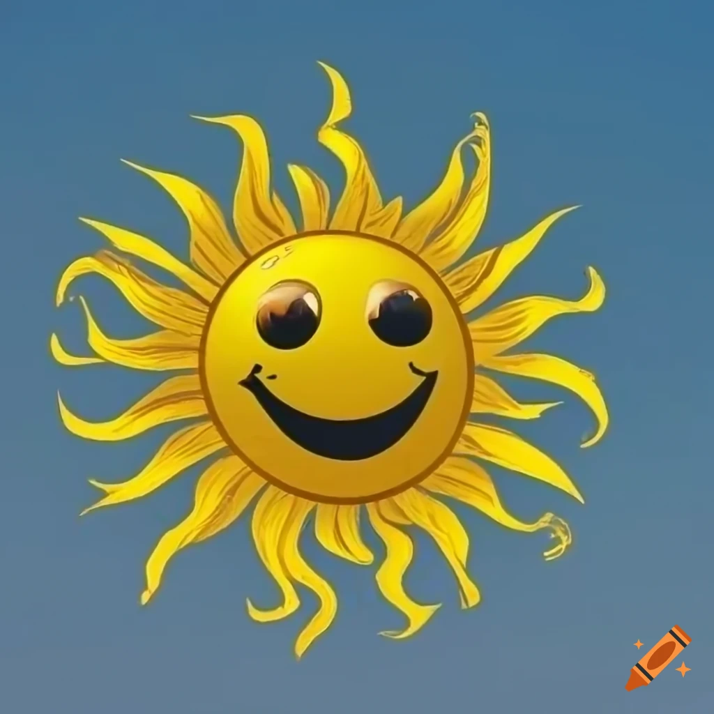 A yellow smiling sun in the upper corner on a blue sky