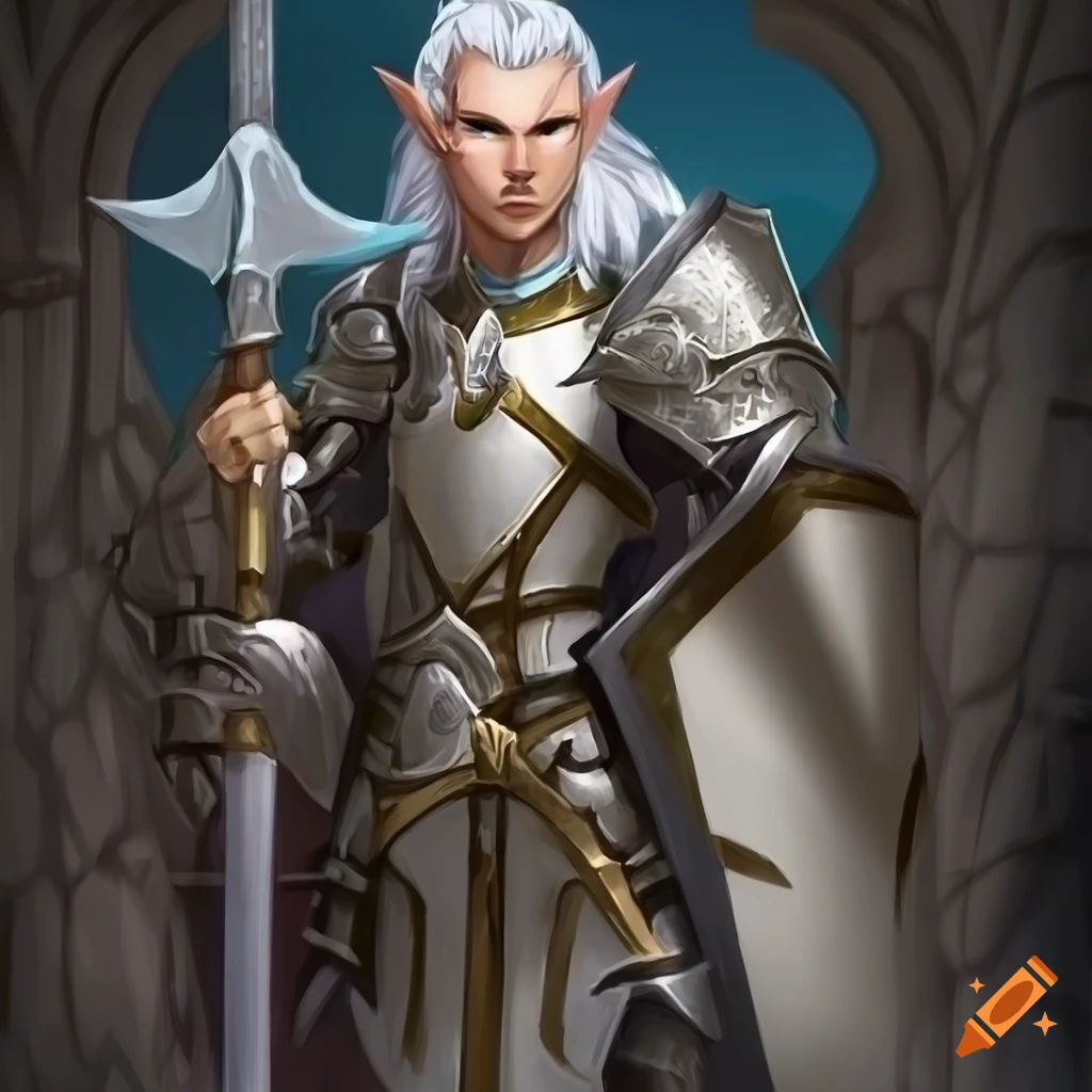 A bronze skinned male, white/platinum haired, paladin high elf wielding ...