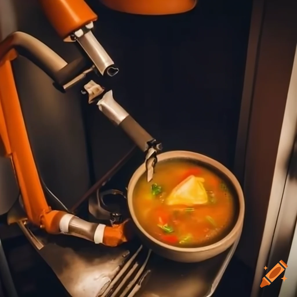 Automated robot arm cooking soup of fish with a clay pot over a stove