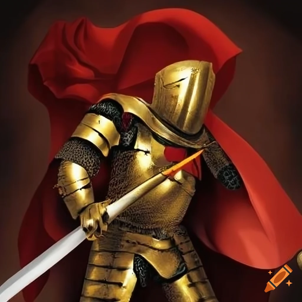 A knight with a red cape fighting a golden knight