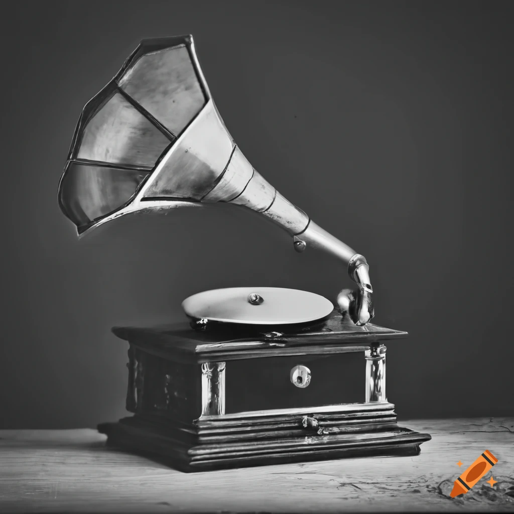 Black antique gramophone in middle of a empty room black and white ...