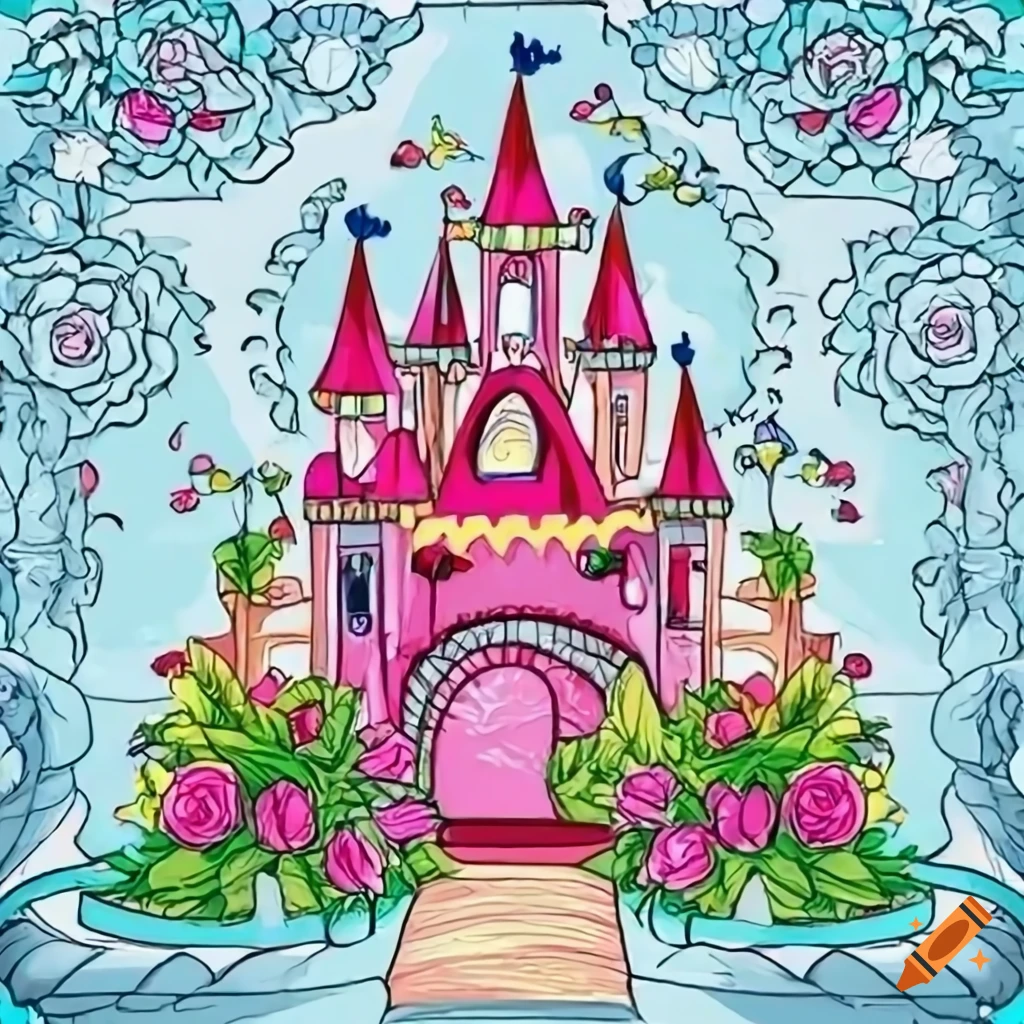 Dream castle with roses in coloring book style