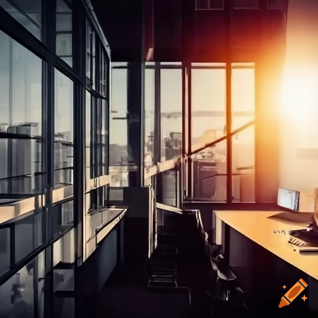 Office desk with big windows behind in modern building