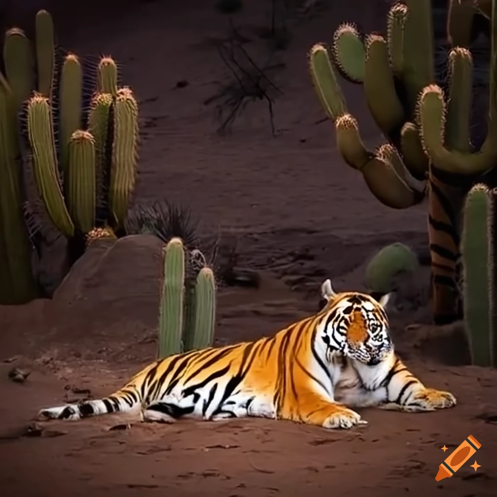 A tiger in a desert sleeping with cactus all around on Craiyon