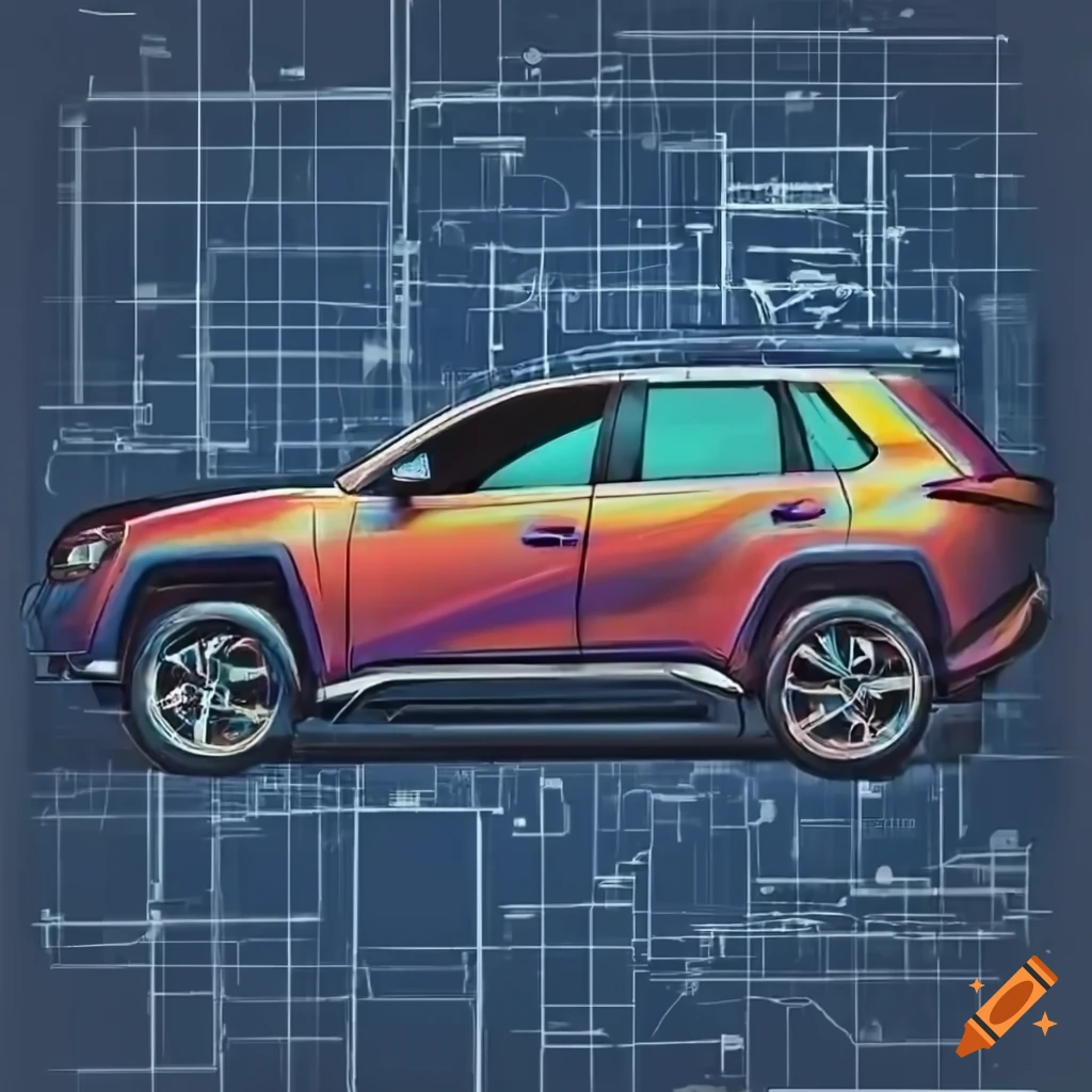 Drawing of toyota rav4 adventure on a blueprint background, ultra realistic