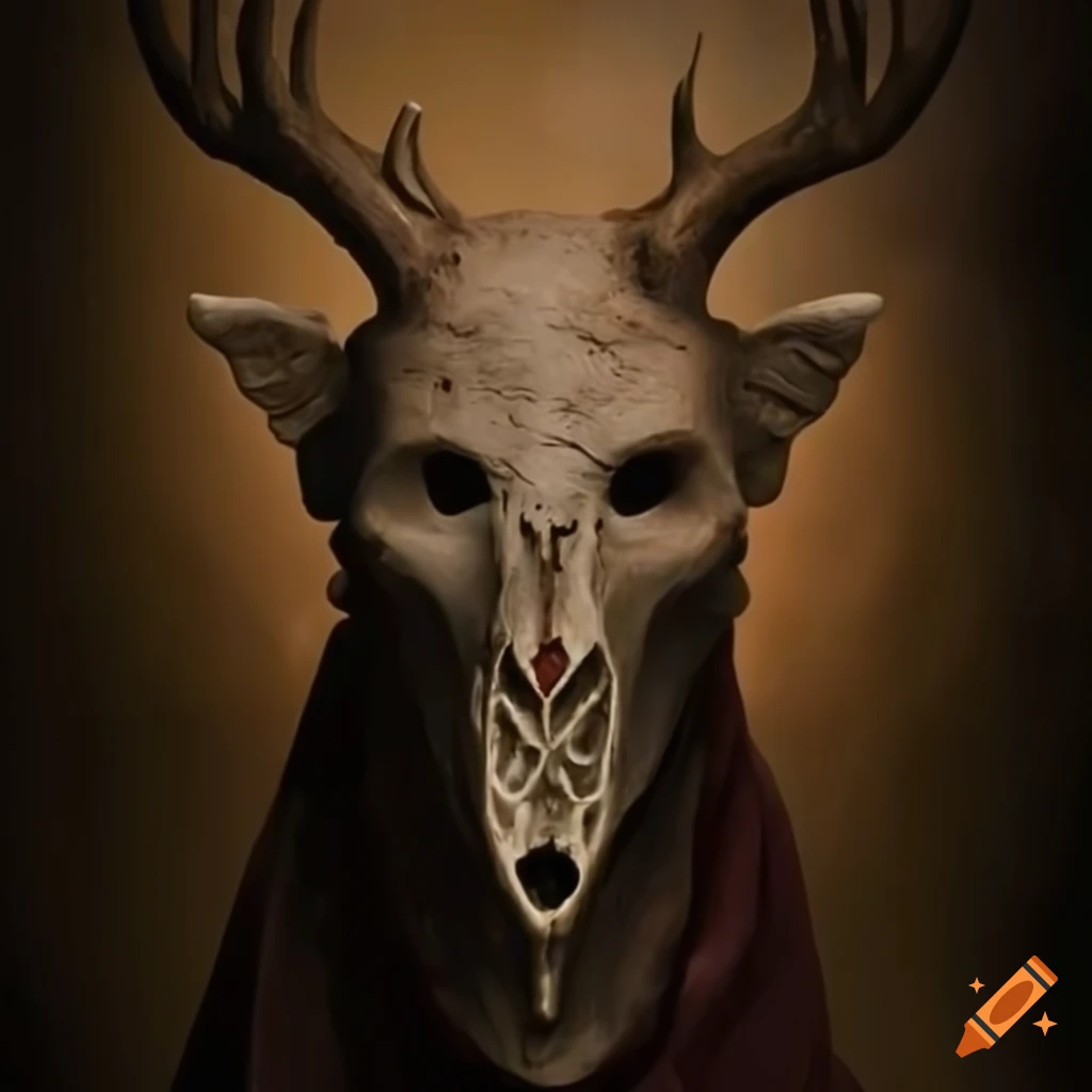 A fullbody shot of a cryptid made of clay resembleing with a deer skull ...