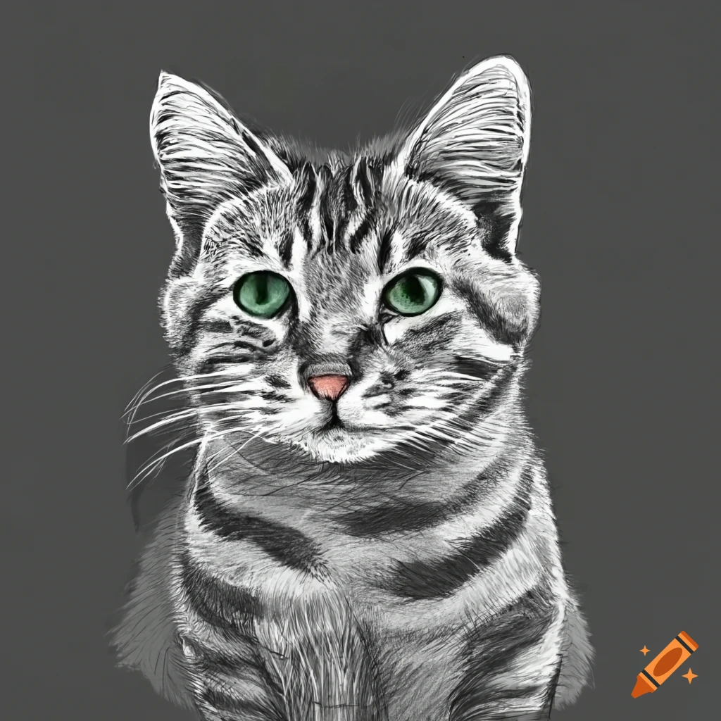 A drawing of a tabby cat looking directly into the camera, in a relaxed ...