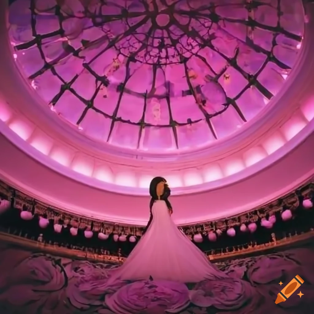 A pink flower themed circular ballroom in the sky at sunset
