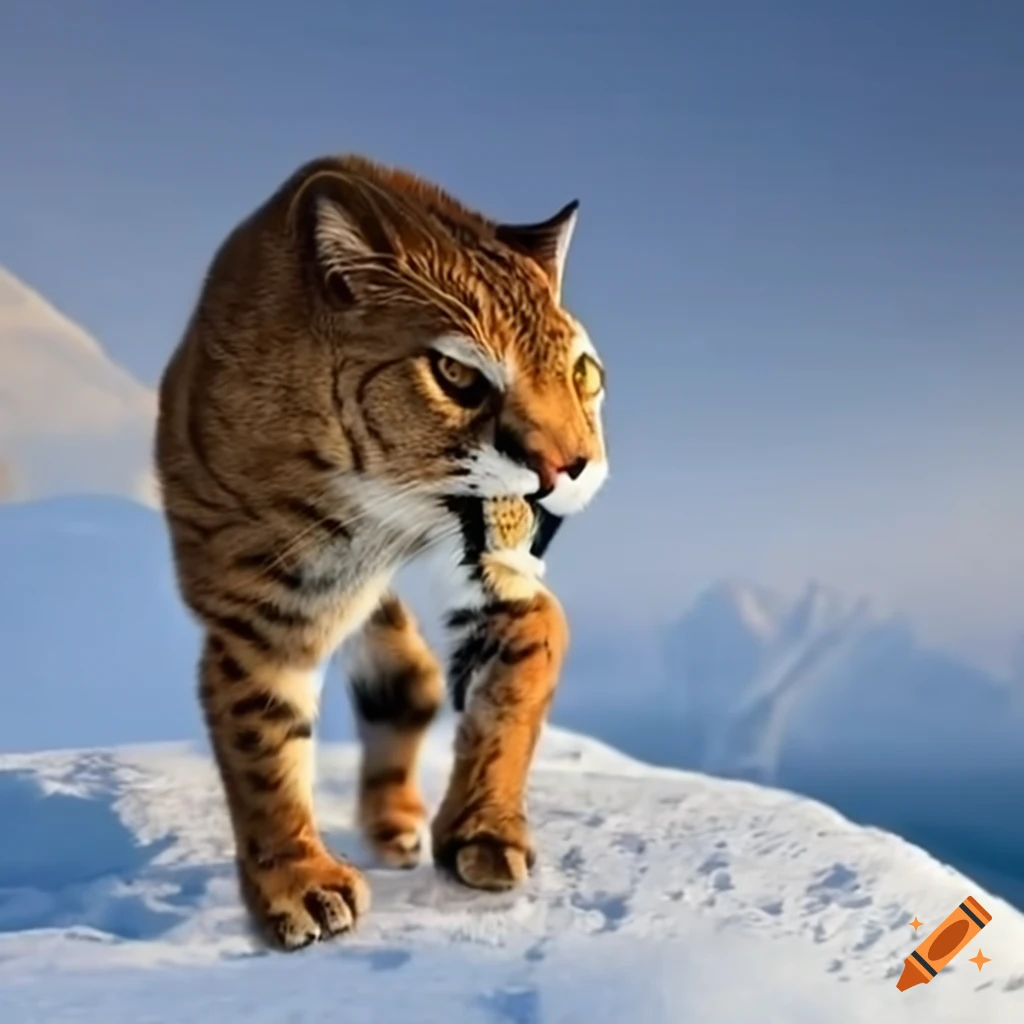 Saber tooth cat stands on a snowy hill on Craiyon