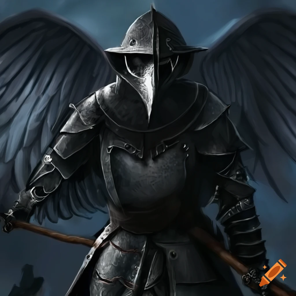 Armored crow knight wearing plague doctor helm with black feathery ...
