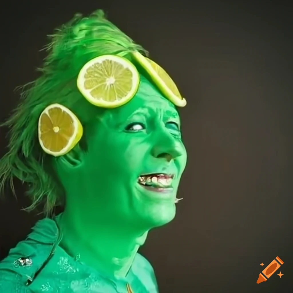 Green person dressed as lemon lime soda