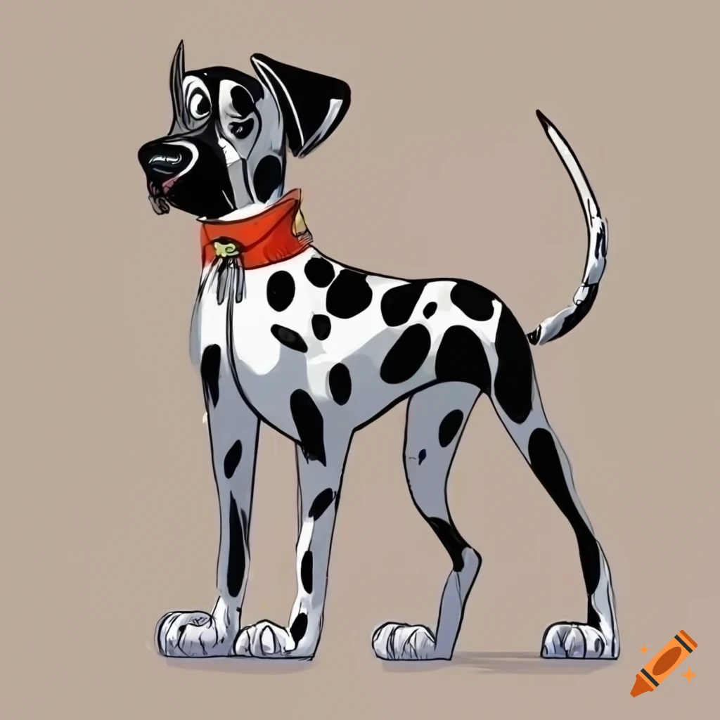 Fullbody pixar character, nervous harlequin great dane wearing a collar