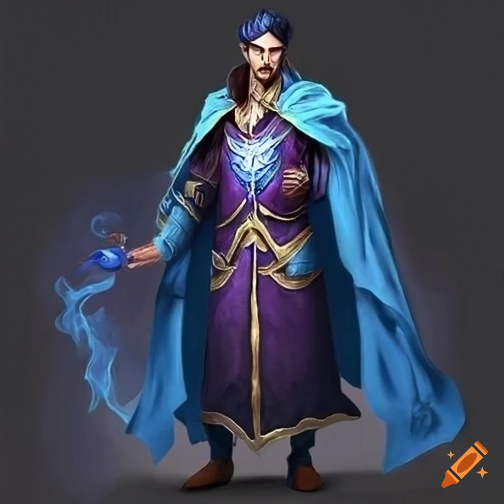 Male mage with half shoulder pad cloak ancient india blue dress djinn ...