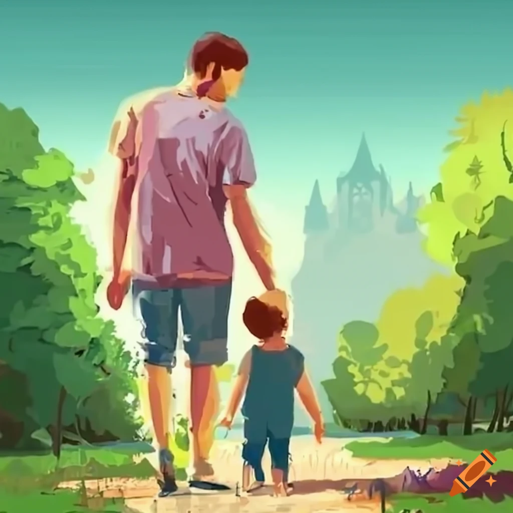Dad And Son Walking At A Park