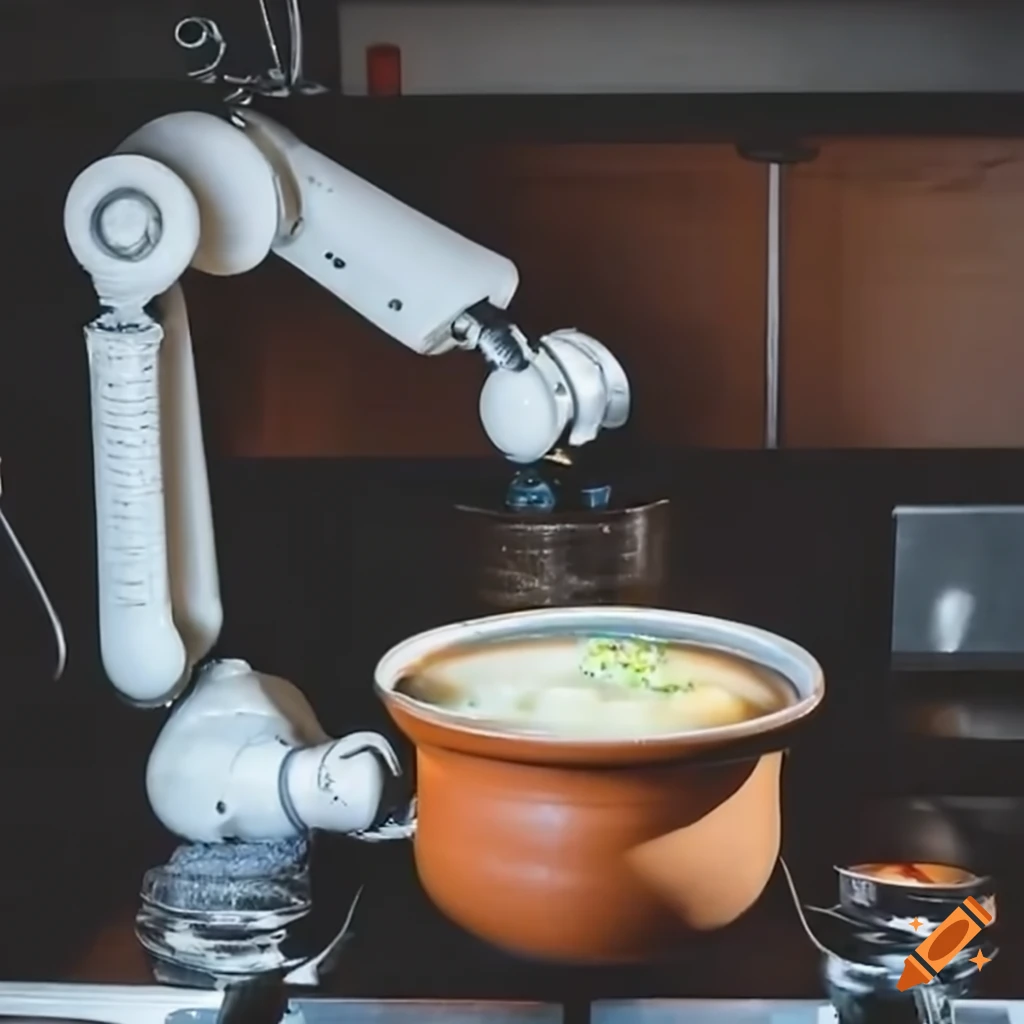 Robotic arm cooking soup in clay pot on a stove on Craiyon
