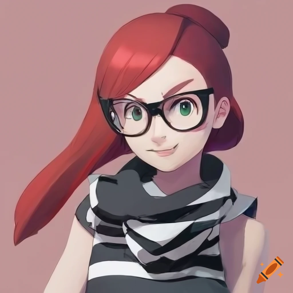 Pokemon trainer in glasses with red hair in a ponytail wearing black ...
