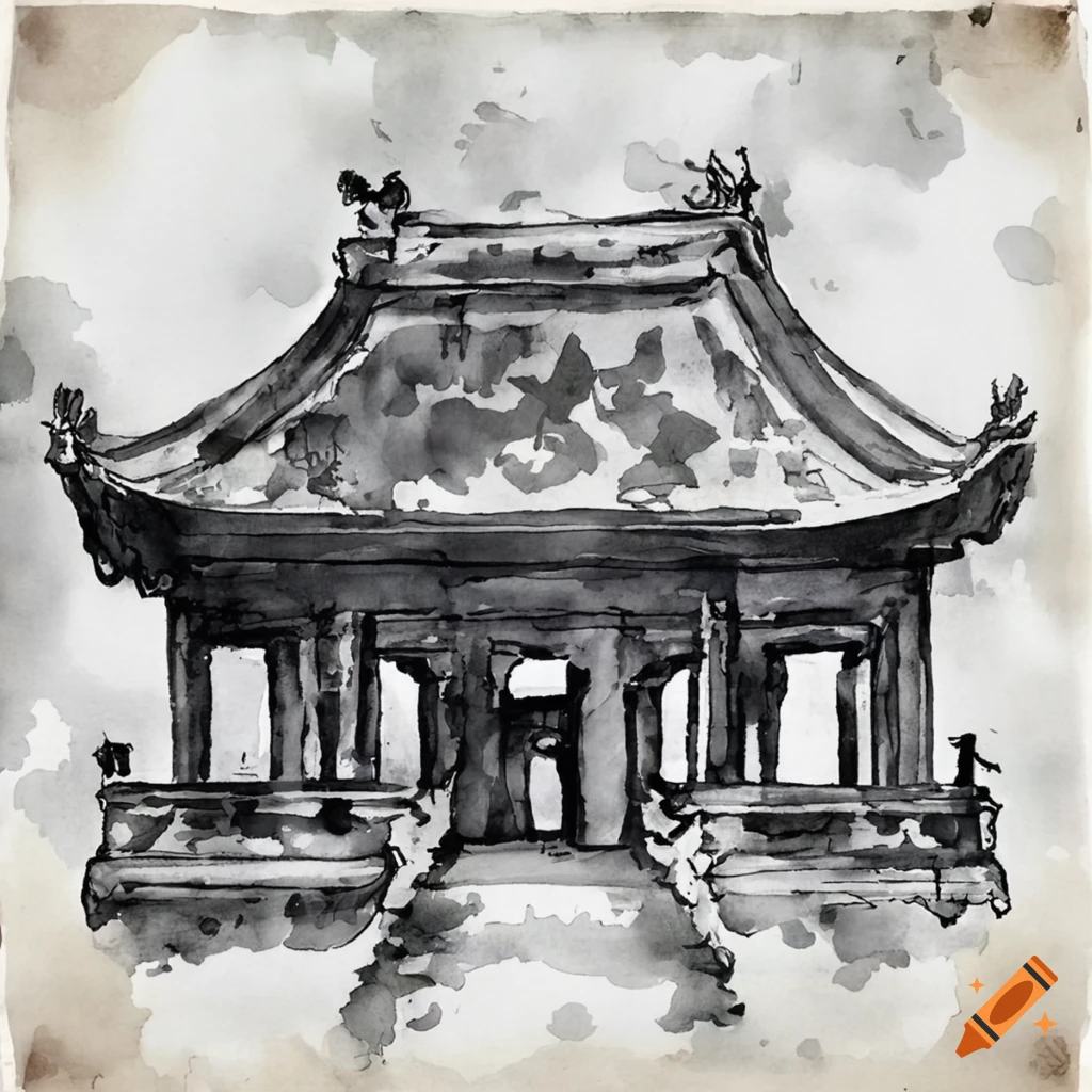 Chinese ink painting ink-and-wash painting ancient times town temple on ...