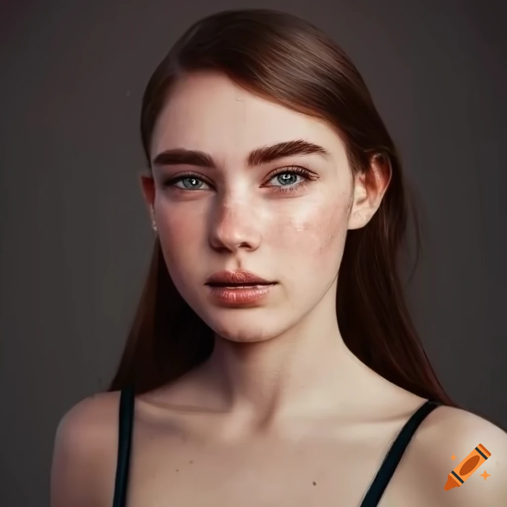 Beautiful young woman shoulder-length hair slight freckles