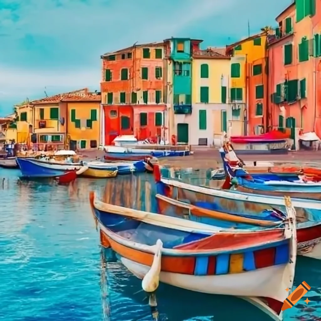A seaside village in italy, colorful boats docked in the harbor on Craiyon