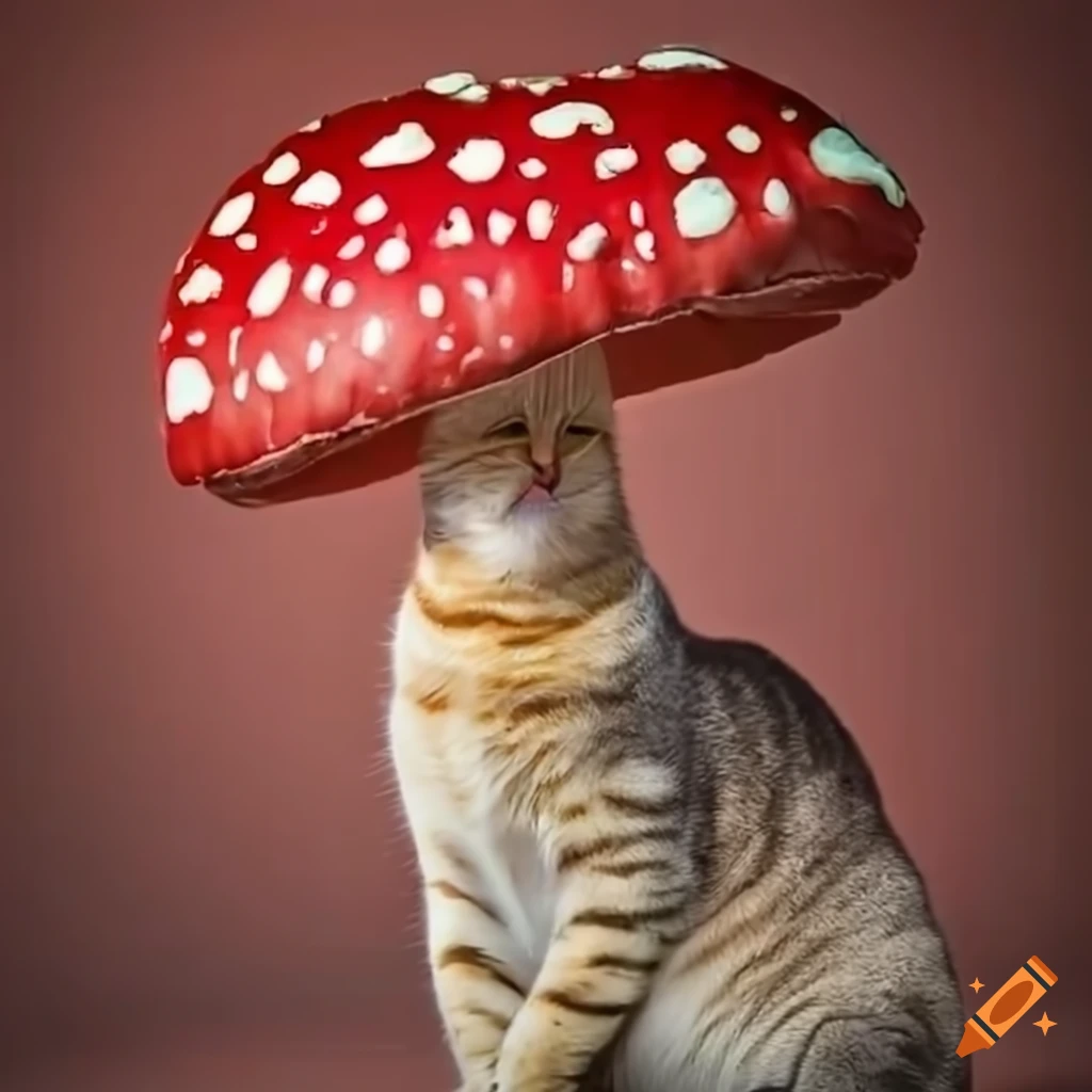A cat sit on a huge red mushroom on Craiyon