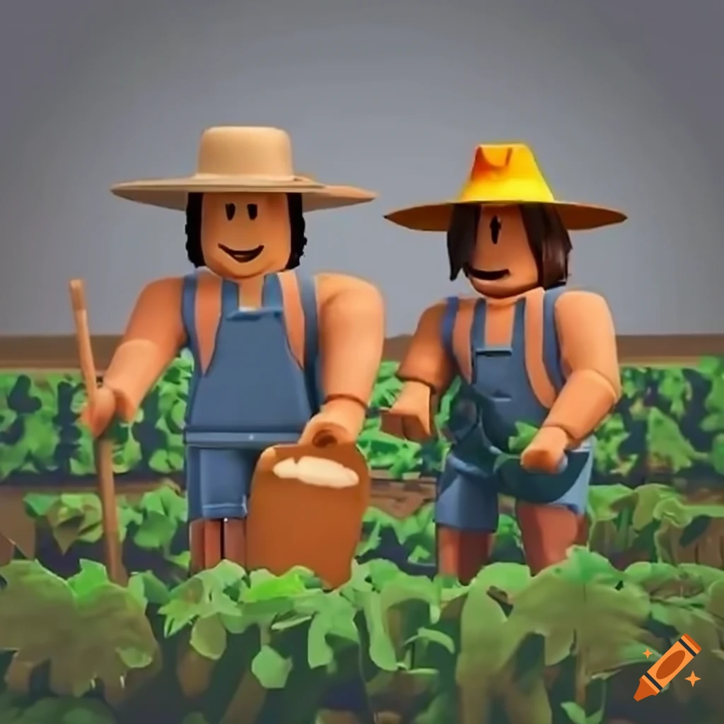 Two farmers working in a vegetable patch with roblox appeareance on Craiyon