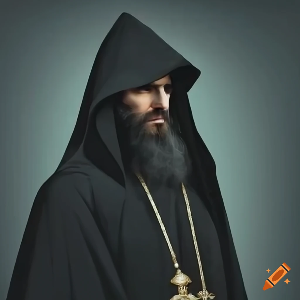 Up close white bearded serbian orthodox christian wearing dark hooded ...