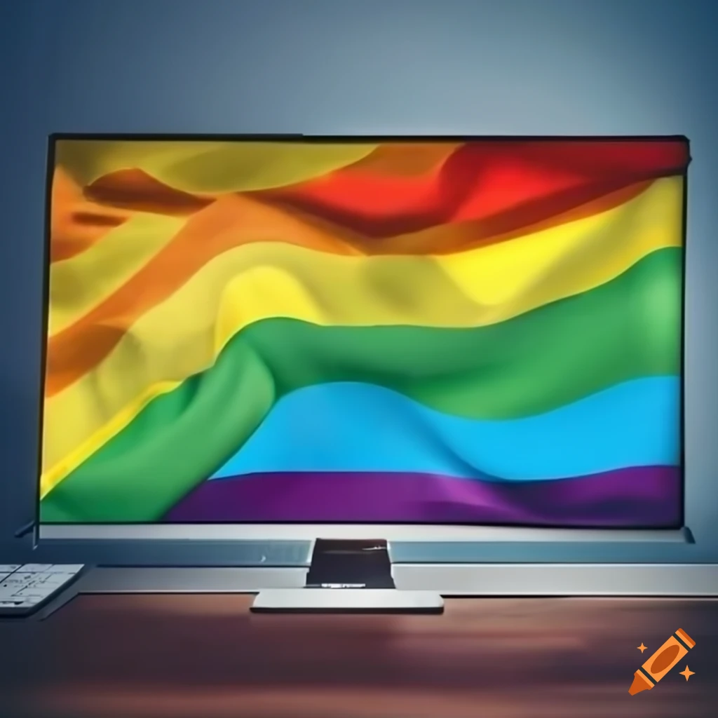 Computer on an office table displaying a LGBT flag wallpaper on the ...
