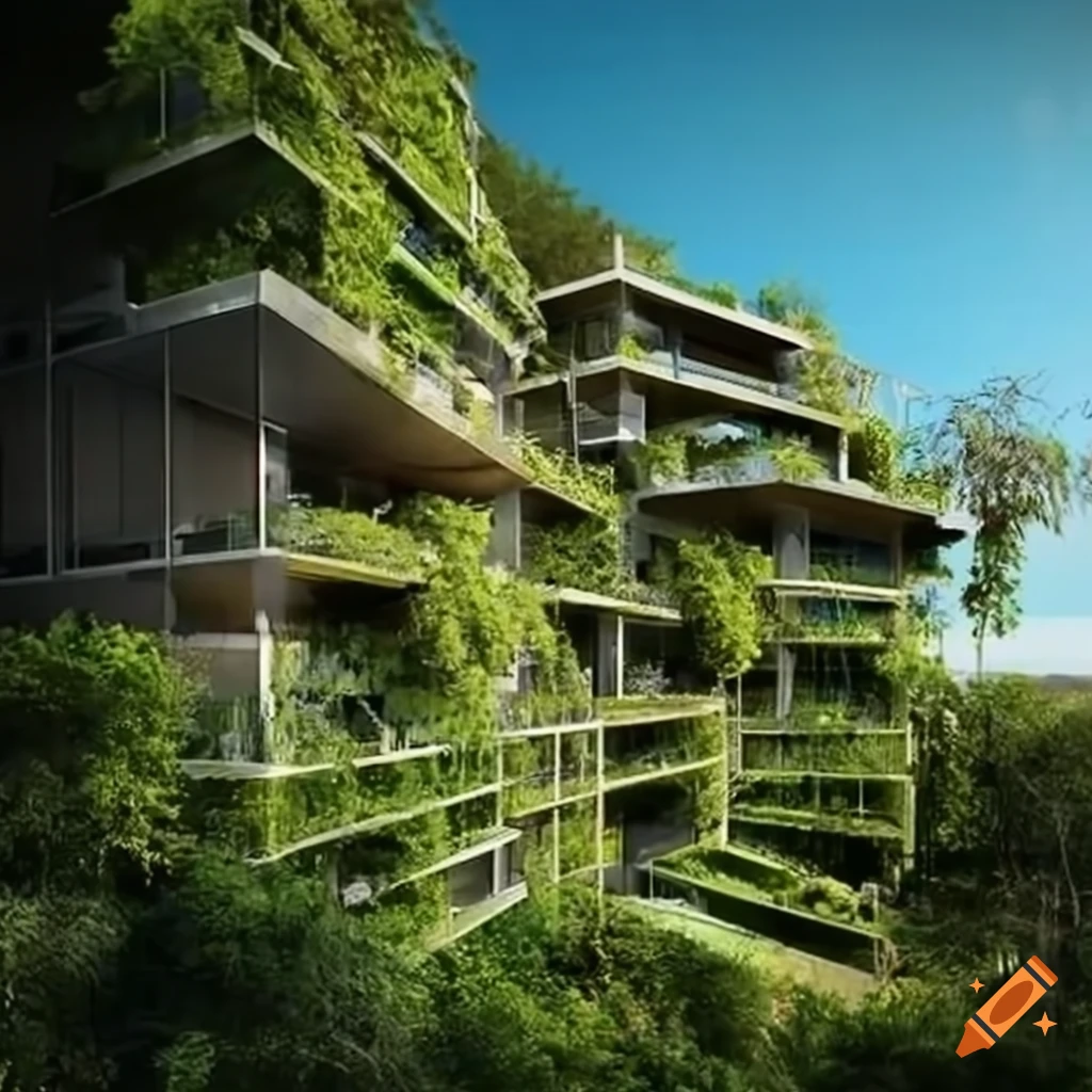An eco-friendly housing project surrounded by lush greenery on Craiyon