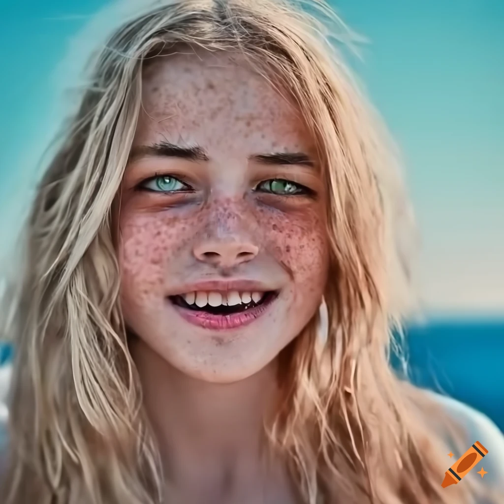 Photorealistic picture of a blonde girl in Mykonos Greece "green eyes ...
