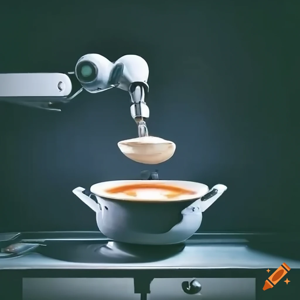 Robotic arm cooking soup in clay pot on a stove