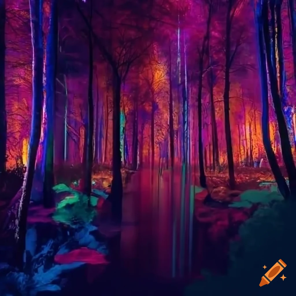 A colorful neon forest at nighttime with a body of water and starry sky