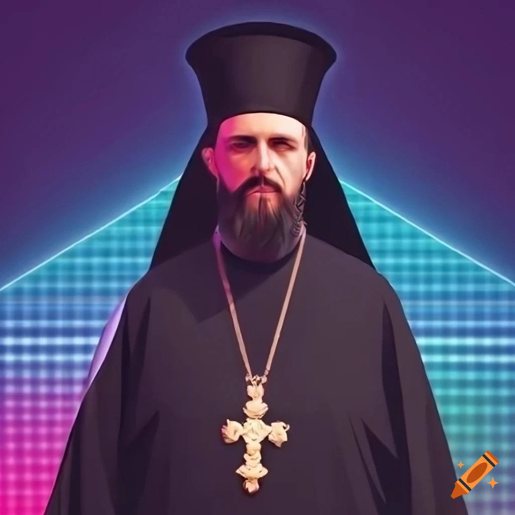 Serbian Orthodox Priest In Traditional Robe Against Synthwave serbian-orthodox-priest-in-traditional-robe-against-synthwave