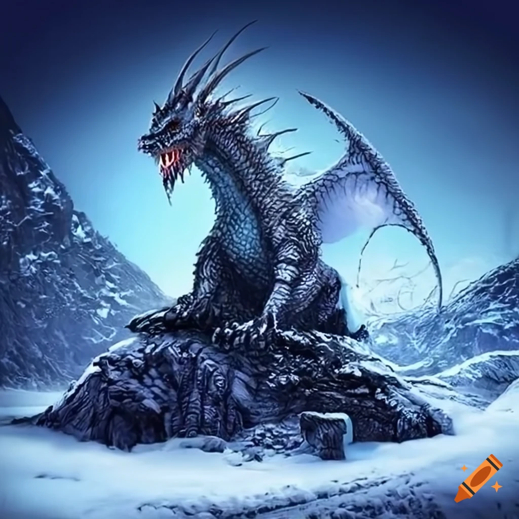 Fantasy, detailed, wyrm dragon on a snow-covered hill on Craiyon