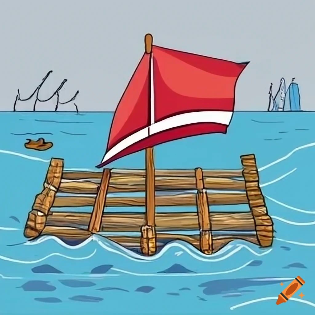 A wooden raft with a sail on a white background