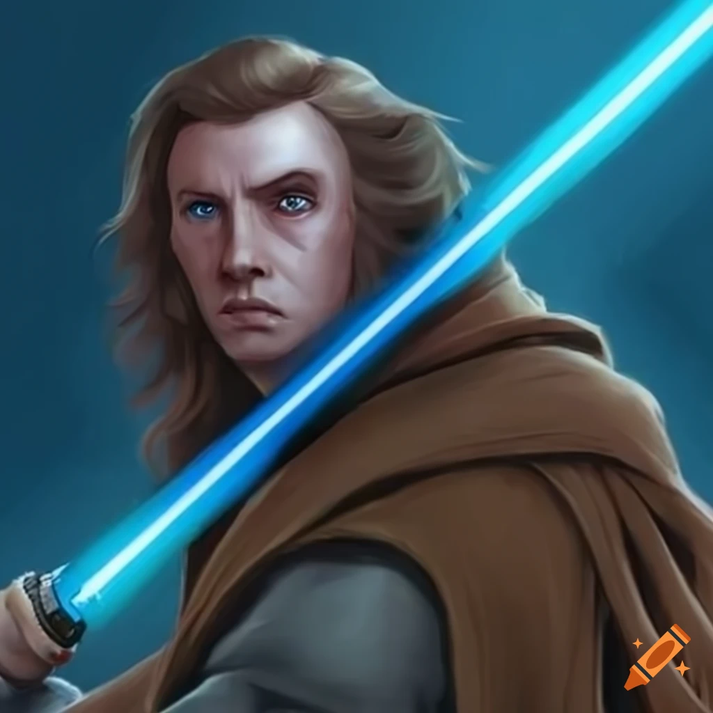 A jedi with long hair and tan robes with a single bladed blue ...