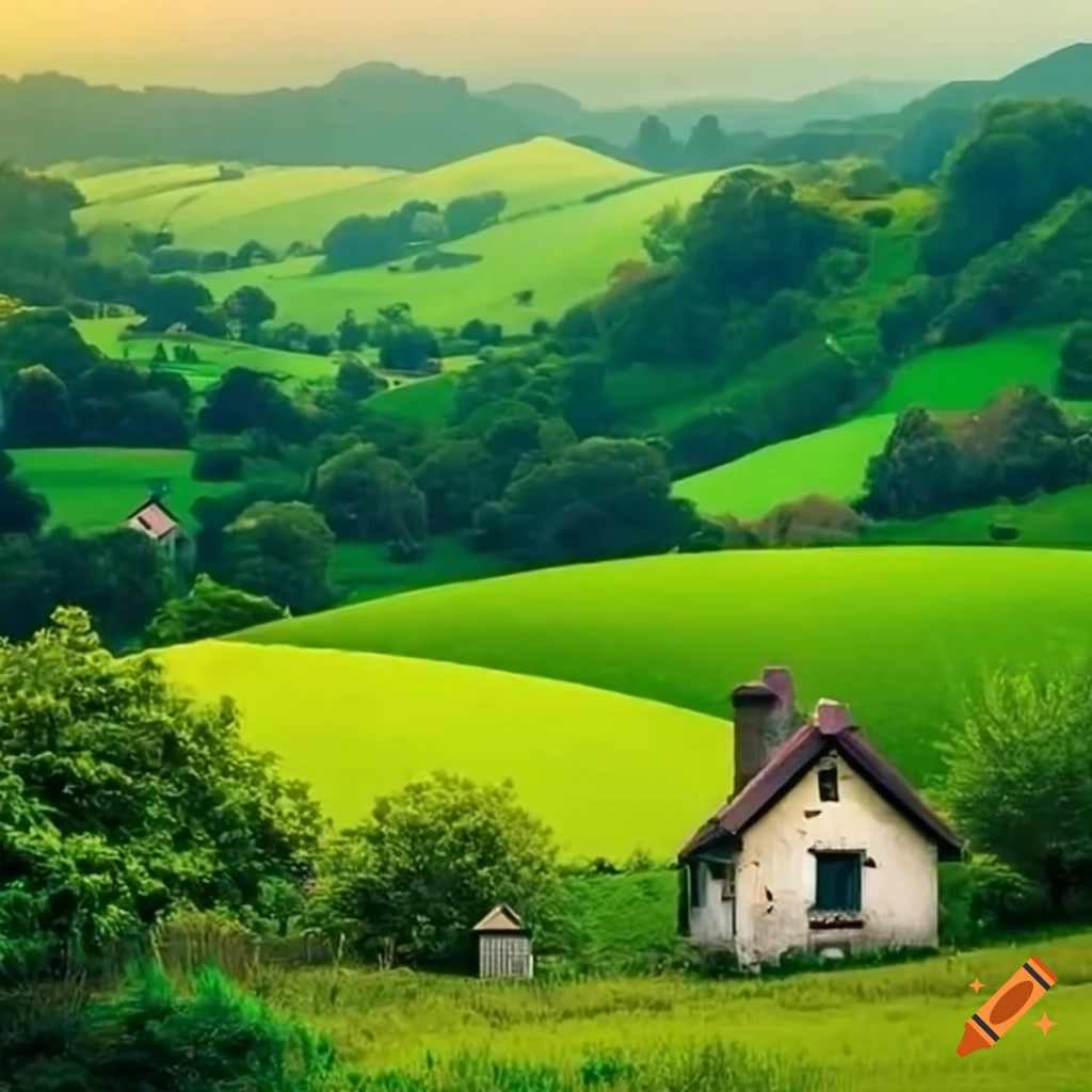 A small village with quaint cottages nestled amidst lush green fields ...