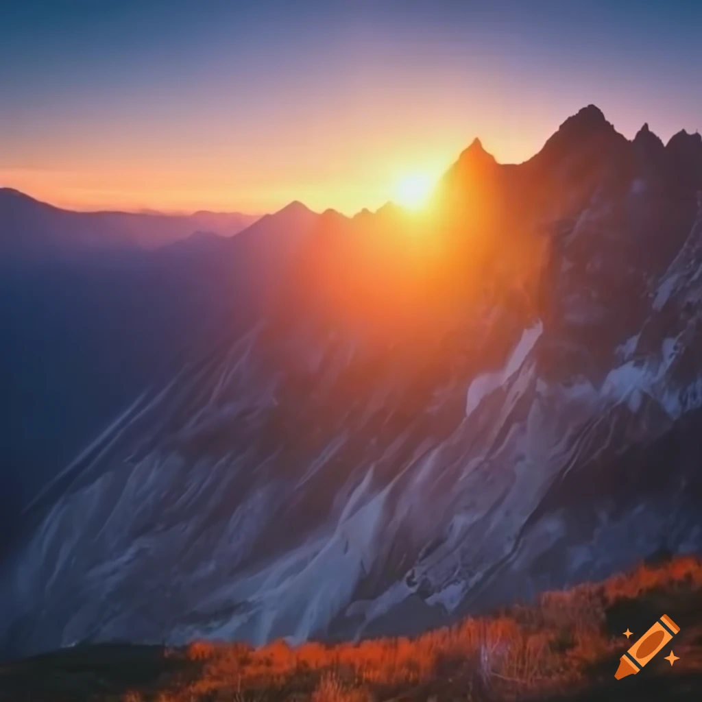 Photorealistic mountain scene at sunset on Craiyon