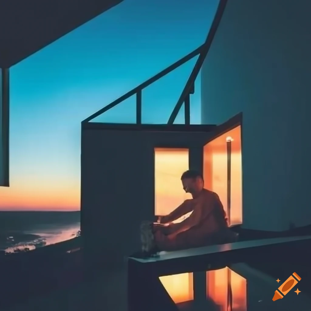 Man looking thoughtful inside a modern house during sunset